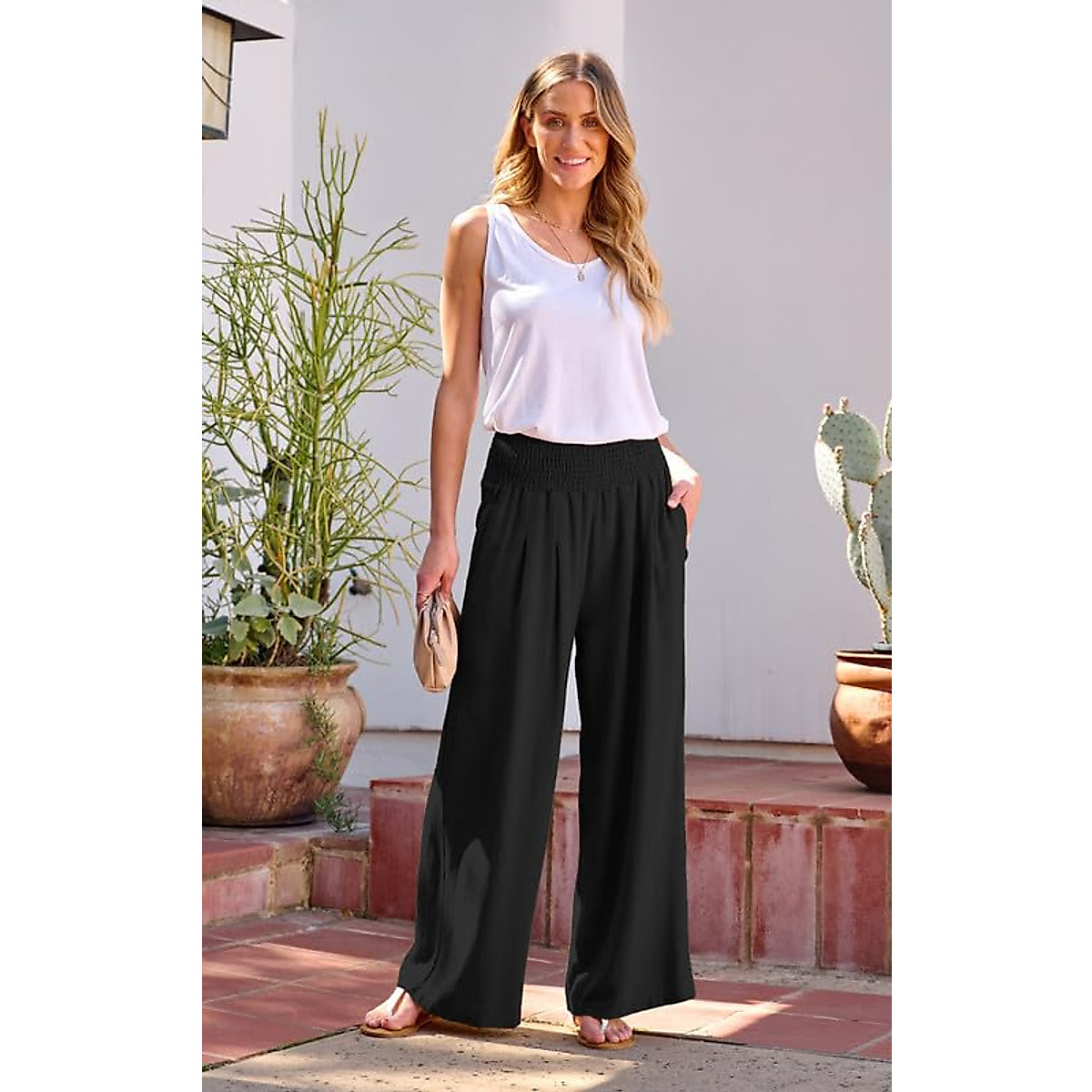 PURPEARL Palazzo Pants for Women Wide Leg High Waist Linen Trousers Stretchy Fall Casual Loose Comfy Pant with Pockets Black