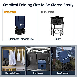 Collapsible Wagon Heavy Duty 440 lbs - Beach Wagon with Big Wheels for Sand, Portable Foldable Wagon Carts with 200L Capacity, Adjustable Handle & Brakes - Ideal for Garden, Sports, Shopping, Blue