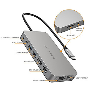 HyperDrive M1 M2 MacBook Pro USB C Hub - 10-in-1 USB Hub Dual 4K HDMI, Ethernet, USB-A, USB C Adapter