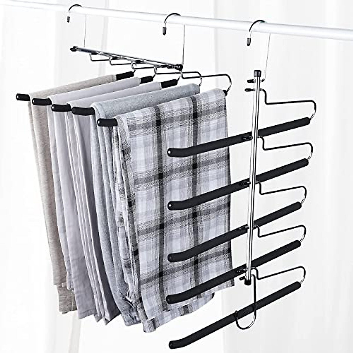 CINKSY Space Saving Pants Skirt Hanger 5 in 1 Pants Jeans Hangers with Non-Slip Foam Padded Metal Skirt Hanger with Adjustable Clips