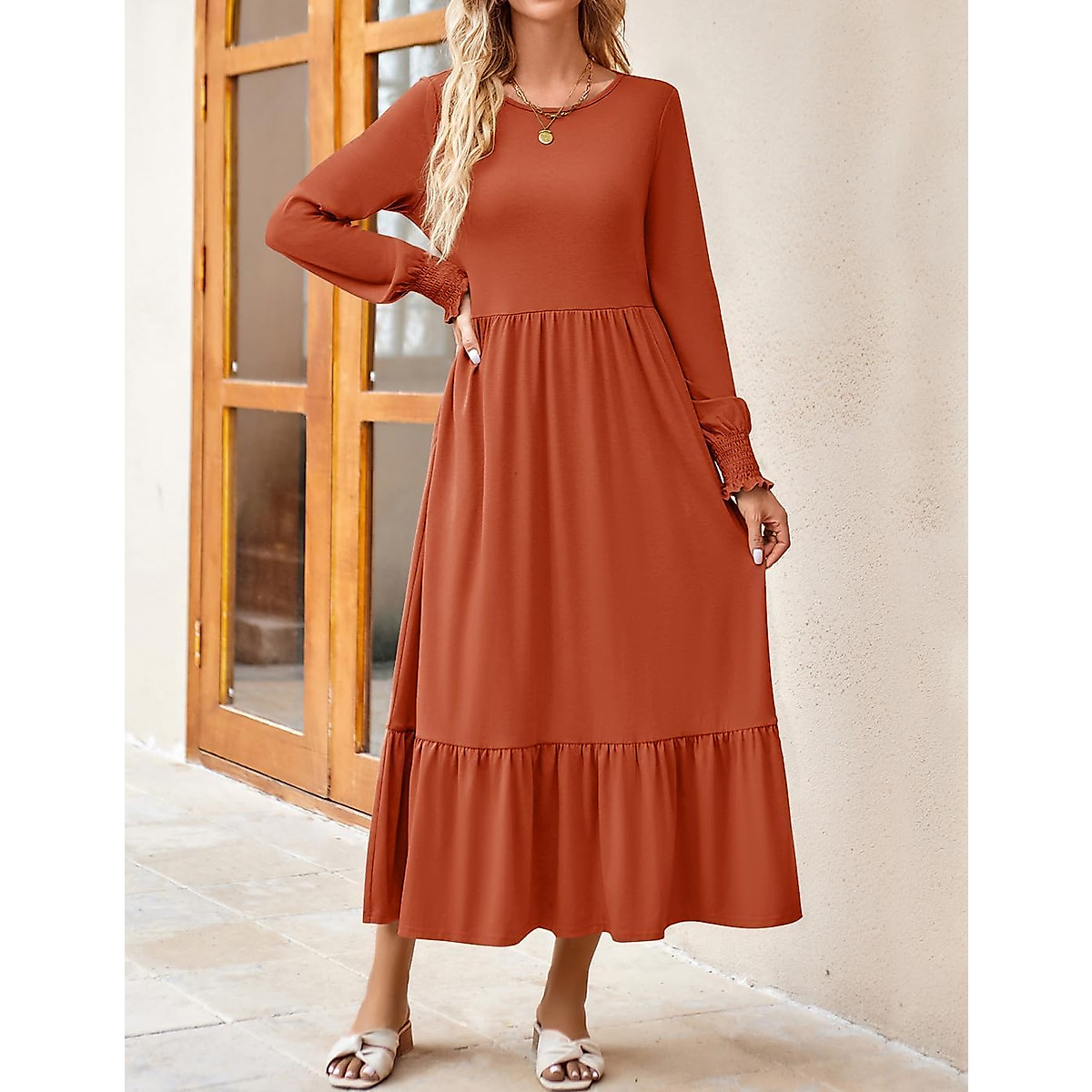 ZESICA Women's 2024 Fall Long Sleeve Dress Crewneck Casual Loose Pleated Tiered Swing Midi Dresses with Pockets,Rust,Medium