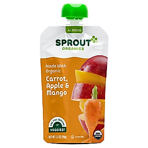 Sprout Organic Baby Food, Stage 2 Pouches, Fruit & Veggie Blend, Carrot Apple Mango, 3.5 Oz Purees (Pack of 12)