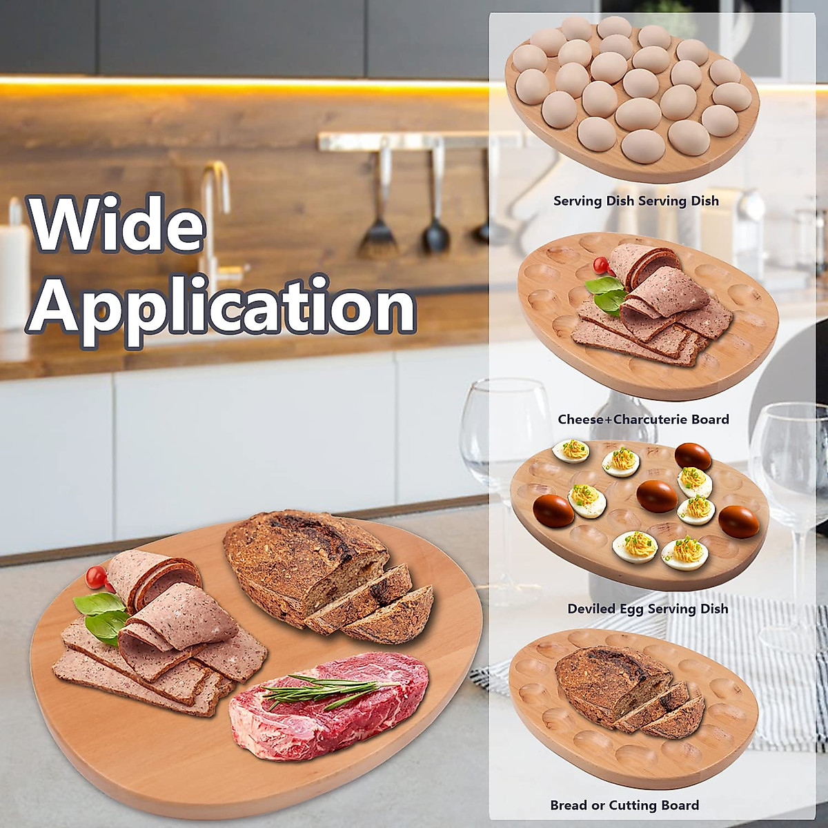 24-Hole Egg-Shaped Deviled Egg Platter, Reversible Wooden Egg Tray,Grilled Cheese Serving Holder, Birthday Celebration, Easter, Thanksgiving