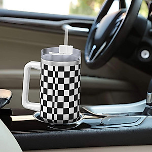 deaokluy 40 OZ Checkered Pattern Ice Bully Cup with Handle Straw Lid, Double Wall Stainless Steel Tumbler Travel Coffee Cup, Black White Insulation and Cooling Cup for Christmas Birthday Present
