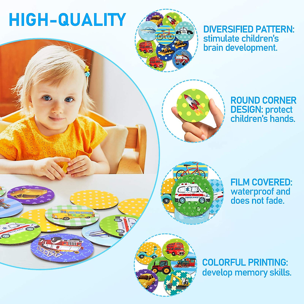 Memory Card Game-16 Pairs Transportation Theme Memory Matching Games for Kids 3 and Up,Memory Matching Game for Toddlers,Non Toxic Preschool Learning Activities