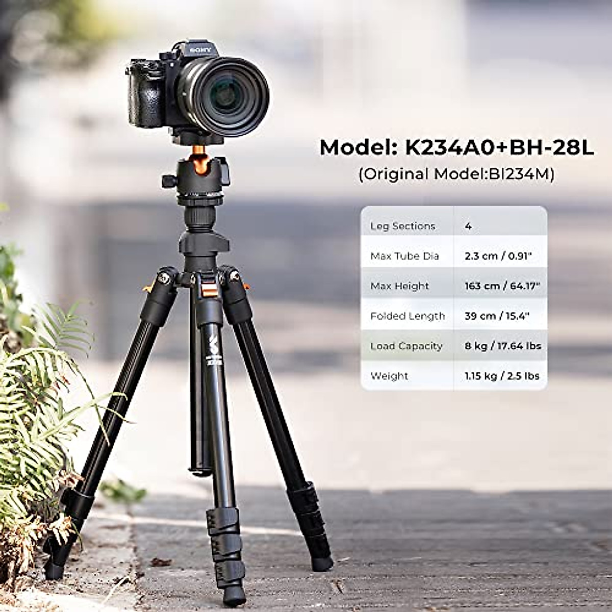 K&F Concept 64 inch/163cm Camera Tripod,Lightweight Aluminum Travel Outdoor Tripods with 360 Degree Ball Head Load Capacity 8kg/17.6lbs,Quick Release Plate, for DSLR Cameras K234A0+BH-28L