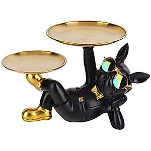 Resin Bulldog Storage Tray Key Candy Jewelry Earrings Tray, 2 Metal Trays Animal Sculpture Table Decoration French Bulldog Figurine Sculptures for Home Decor Living Room Office Fun Ornament (Black)