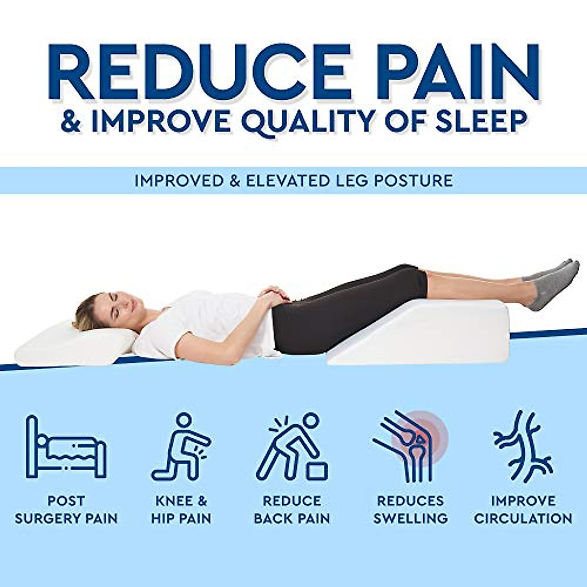 Leg Elevation Wedge Pillow for Sleeping, After Surgery | Memory Foam | Relieves Foot and Ankle Injury, Legs, Hip, and Knee Pain, Improves Blood Circulation, 8 Inch