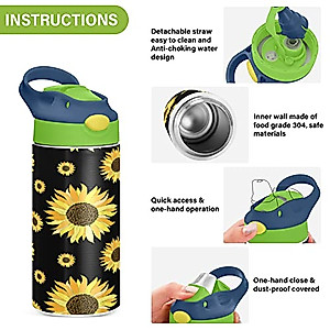 Black Sunflower Kids Water Bottle, BPA-Free Vacuum Insulated Stainless Steel Water Bottle with Straw Lid Double Walled Leakproof Flask for Girls Boys Toddlers, 12Oz