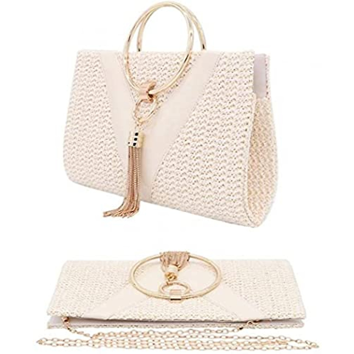 Straw Handbag Evening Bag Clutch Purses for Women,Elegant Summer Beach Tote Tassels Straw Top Handle Clutch with Chain (White)