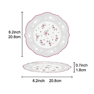 fanquare 8 Inch Porcelain Dessert Plates Set of 4, Lace Serving Bowls Set for Salad, Soup, Pasta, Snack, Pink Roses