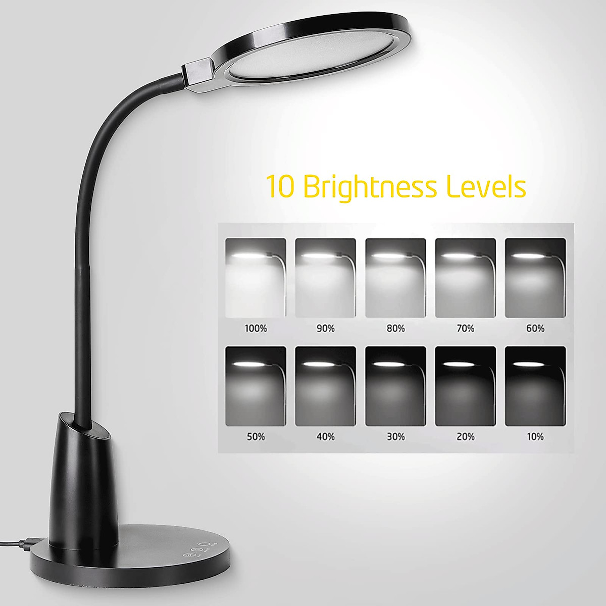 LED Desk Lamp with USB Charging Port, Small Desk Lamp for Home Office 10 Levels Brightness, Study Lamp for Kids Students, Flexible Goose Eye-Caring Black Table Lamp, 45 Minutes Auto-Off Timer.