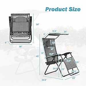 Goplus Zero Gravity Chairs, X-Large Folding Lounge Lawn Chair w/Canopy Shade & Cup Holder, Adjustable Folding Patio Recliner for Pool Porch Deck Oversize (Grey)