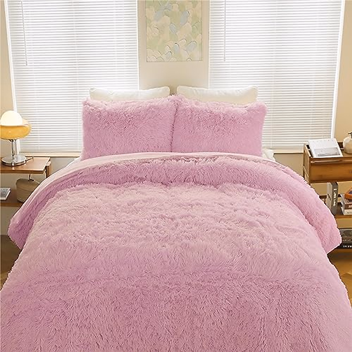 Syalife Plush Fluffy Bedding, Soft Shaggy Comforter Set Twin Size, Faux Fur Pink Shaggy Duvet Cover Set Comforter Cover with Pillow Sham (Twin, Pink)