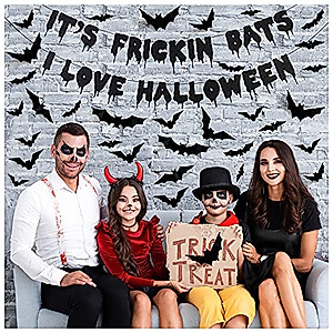 It's Frickin Bats I Love Halloween Banner Spooky Home Decor, Halloween Theme Party Decorations with 48 Pieces 3D Bats Wall Decor, Halloween Decoration Set for Home Party Fireplace Mantle Decor