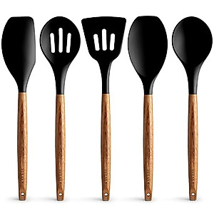 Zulay Kitchen Utensils Set Non-Stick Silicone Cooking Utensils Set with Authentic Acacia Wood Handles - 5 Piece Silicone Utensil Set - Silicone Kitchen Utensils Set with 464°F Heat Resistance - Black
