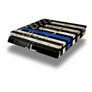 Vinyl Decal Skin Wrap compatible with Sony PlayStation 4 Slim Console Painted Faded Cracked Blue Line Stripe USA American Flag (PS4 NOT INCLUDED)