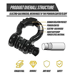 Reswish ESEWALAS 2 Pack 3/4" Shackles,41,887Ibs Break Strength with 7/8" Screw Pin and Shackle Isolator Washers Kit,Offroad Towing Accessories,Heavy Duty D Ring Shackle (Black)