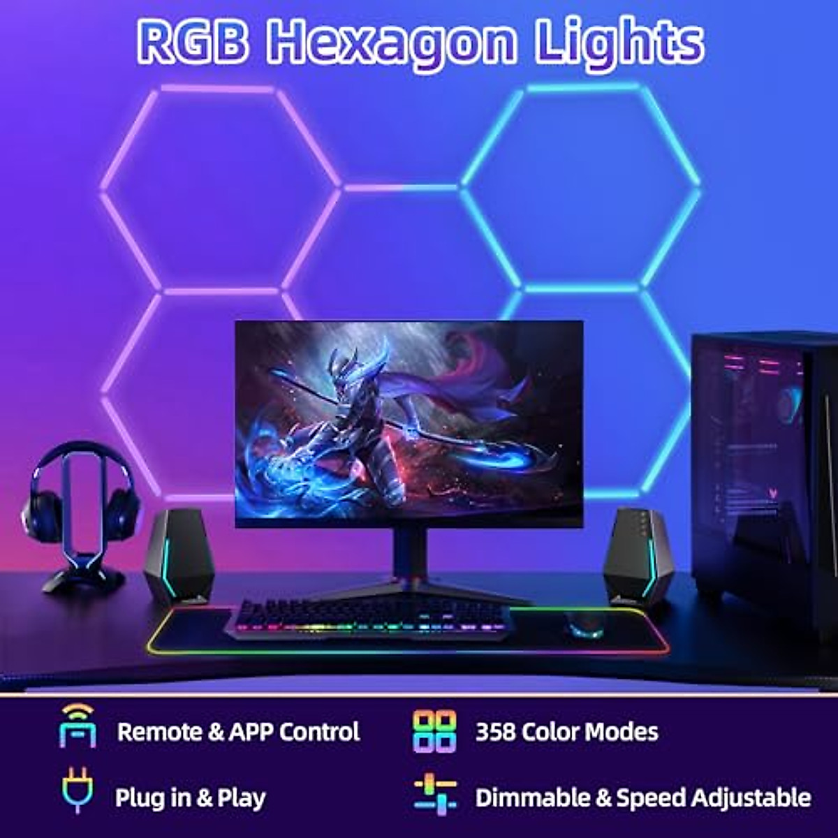 SCONPARK RGB Hexagon Garage Lights,Dimmable LED Hexagon Lights,Large Size Hex Lights for Wall/Ceiling,DIY 358 Modes,Aluminum Base,3 Pin,for Garage Gym Gaming Room Music Room Studio