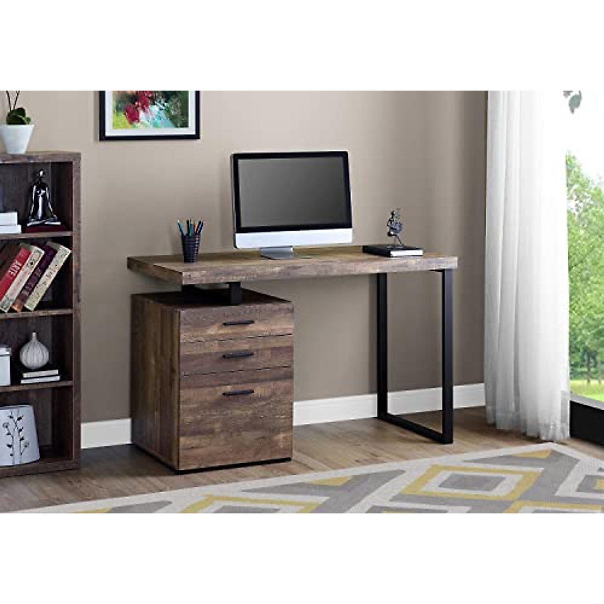 Monarch Specialties Computer Desk with File Cabinet - Left or Right Set- Up - 48"L (Brown Reclaimed Wood Look)