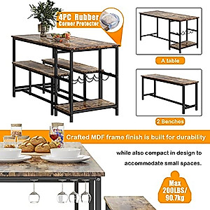 Dining Table Set for 4, 3 Piece Kitchen Table and Chairs Set with 2 Benches, Small Kitchen Table Set with Wine Rack and Glass Holder, Rustic Metal Frame for Breakfast Nook Apartment (Distressed Brown)