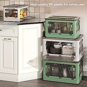 HOOBRO 22.2 Gal Plastic Storage Bins with Lids, Collapsible Storage Bin with Wheels, Folding Storage Box, Stackable Storage Bins with 5 Doors, for Home, Office Organizing, 3-Pack, Green JG84CWP301