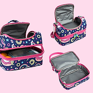 Life on track Insulated Kids Double Decker Lunch Bag Tote Pack for Girls Boys Toddler School Picnic Food Cooler Hot Water Ice with Strap (Blue Unicorn)