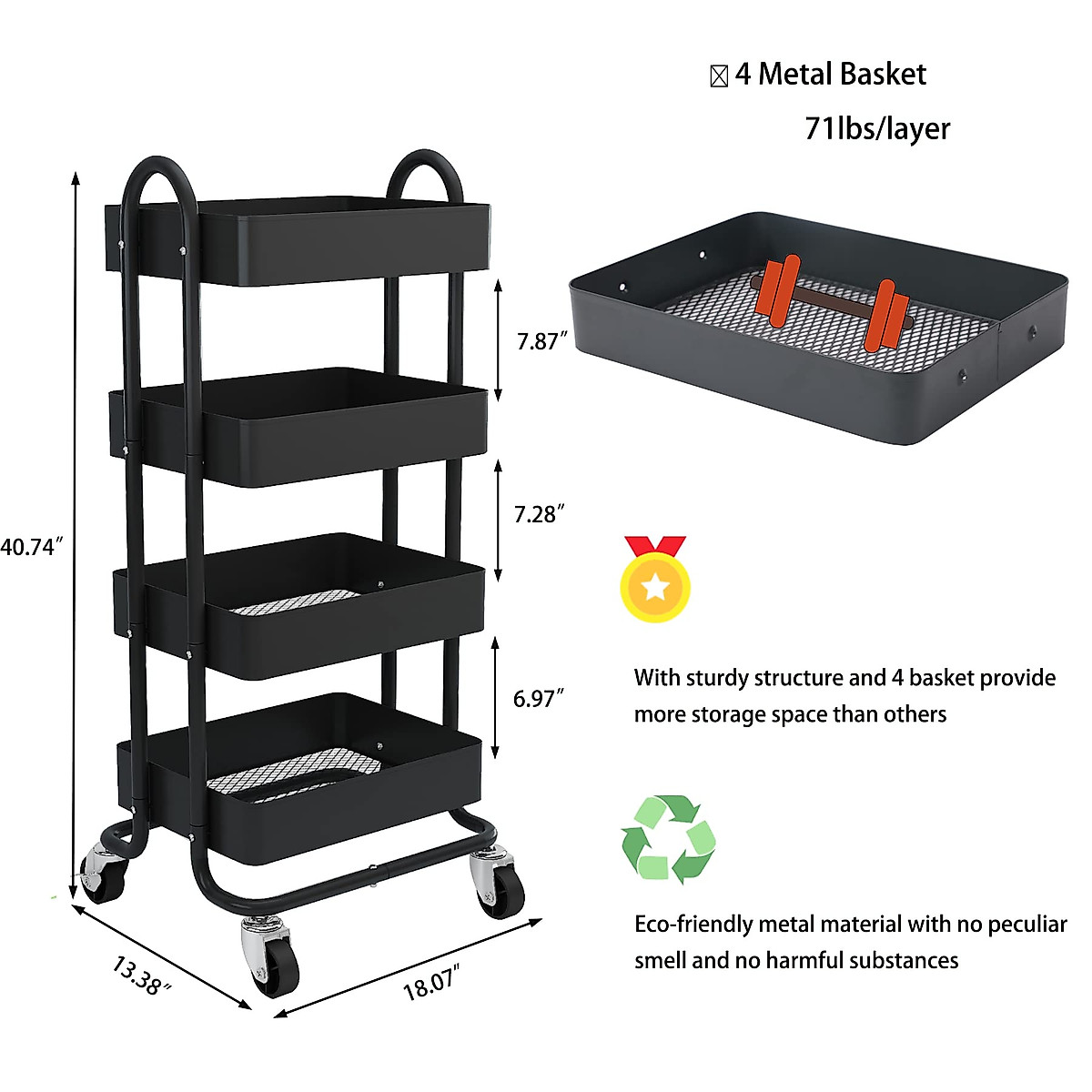 MIOCASA 4-Tier Metal Utility Rolling Cart, Heavy Duty Multifunction Cart with Lockable Casters, Easy to Assemble, Suitable for Office, Bathroom, Kitchen, Garden (Black)
