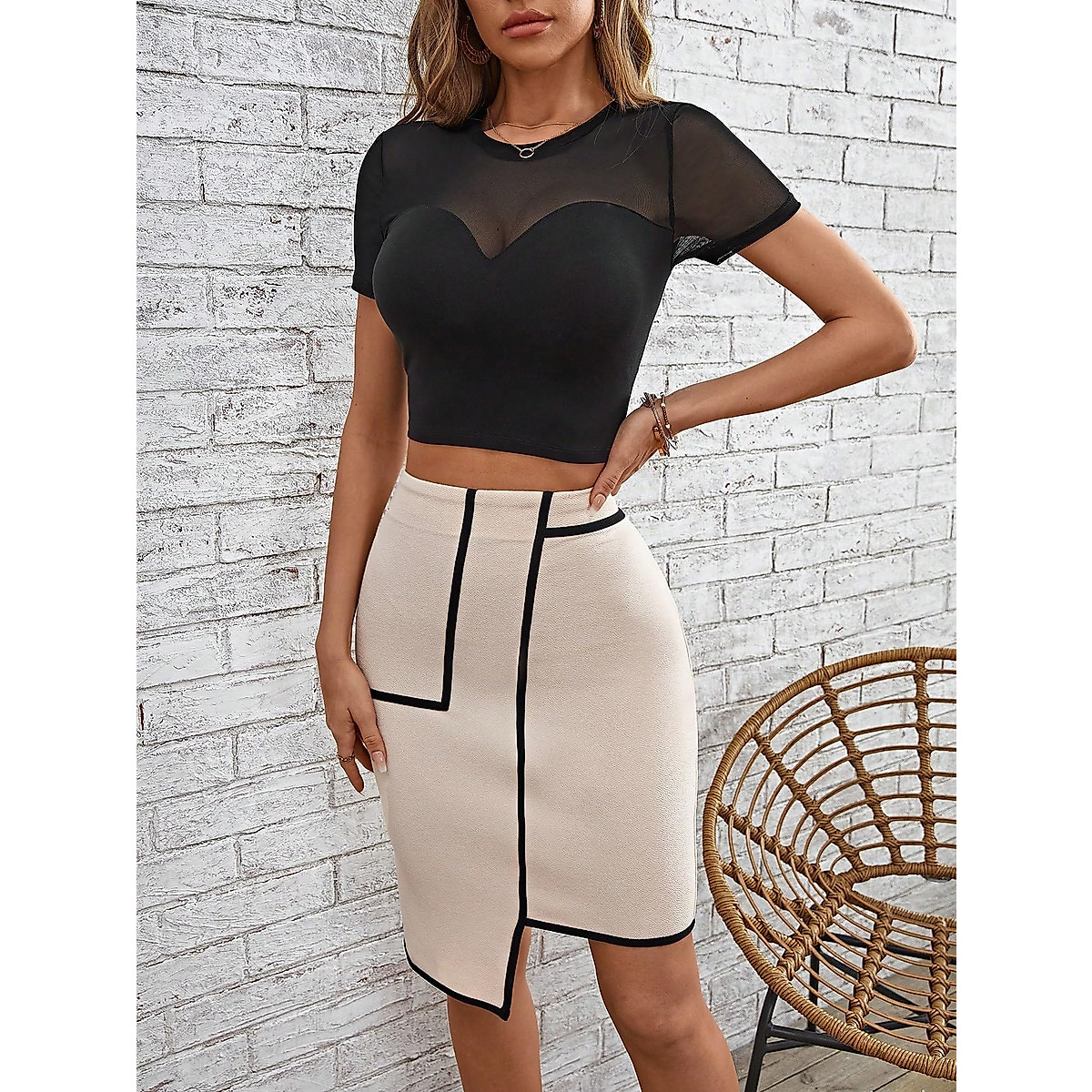 WDIRARA Women's 2 Piece Outfits Contrast Mesh Round Neck Crop Tee and Colorblock Binding Asymmetrical Hem Skirt Black and White L