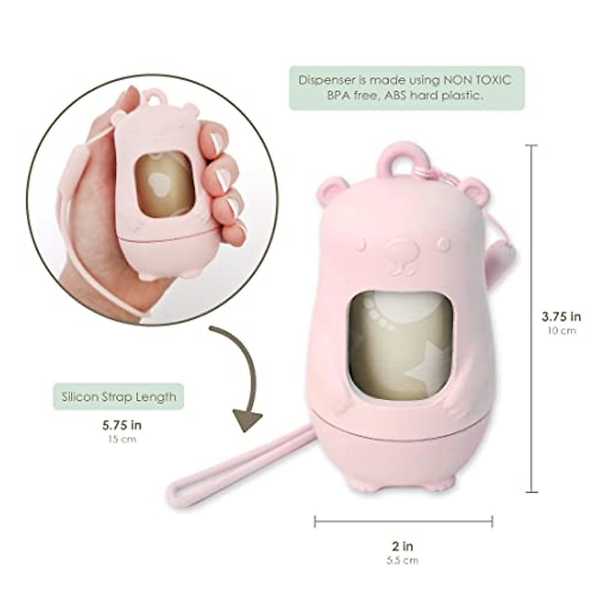 NEW Moodie Teddy Bear Diaper Bag Dispenser | Diaper Bag on the Go Dispenser w/Silicon Strap |15 LAVENDER SCENTED Diaper Disposal Bags per Roll | Diaper bag essential items (ROSIE PINK)