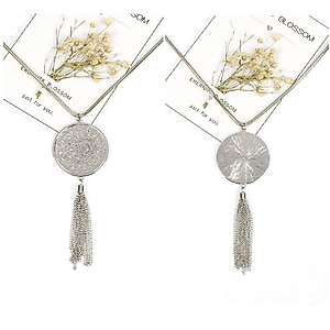 SEVENSTONE 3PCS Long Pendant Necklaces for Women Knot Disk Circle Tassel Statement Sweater Silver Necklace Set