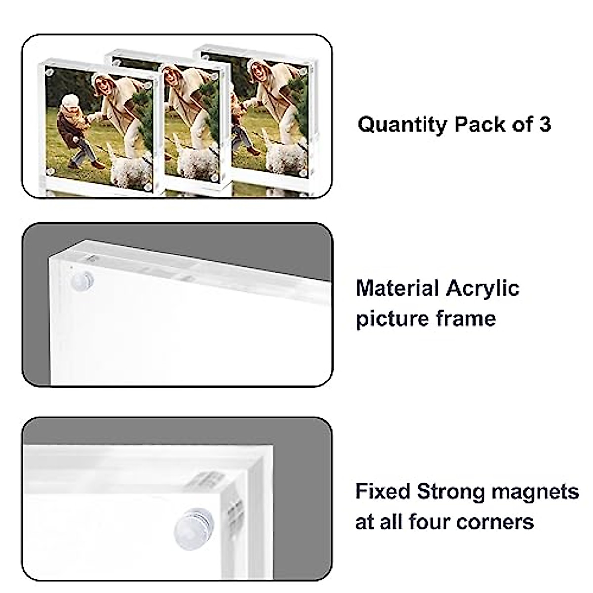 Fixwal Acrylic Picture Frame, 4x4, Set of 3, Magnetic Photo Frame, Wedding Table Numbers, 10mm Clear Glass Frame, Frameless Photo Frame