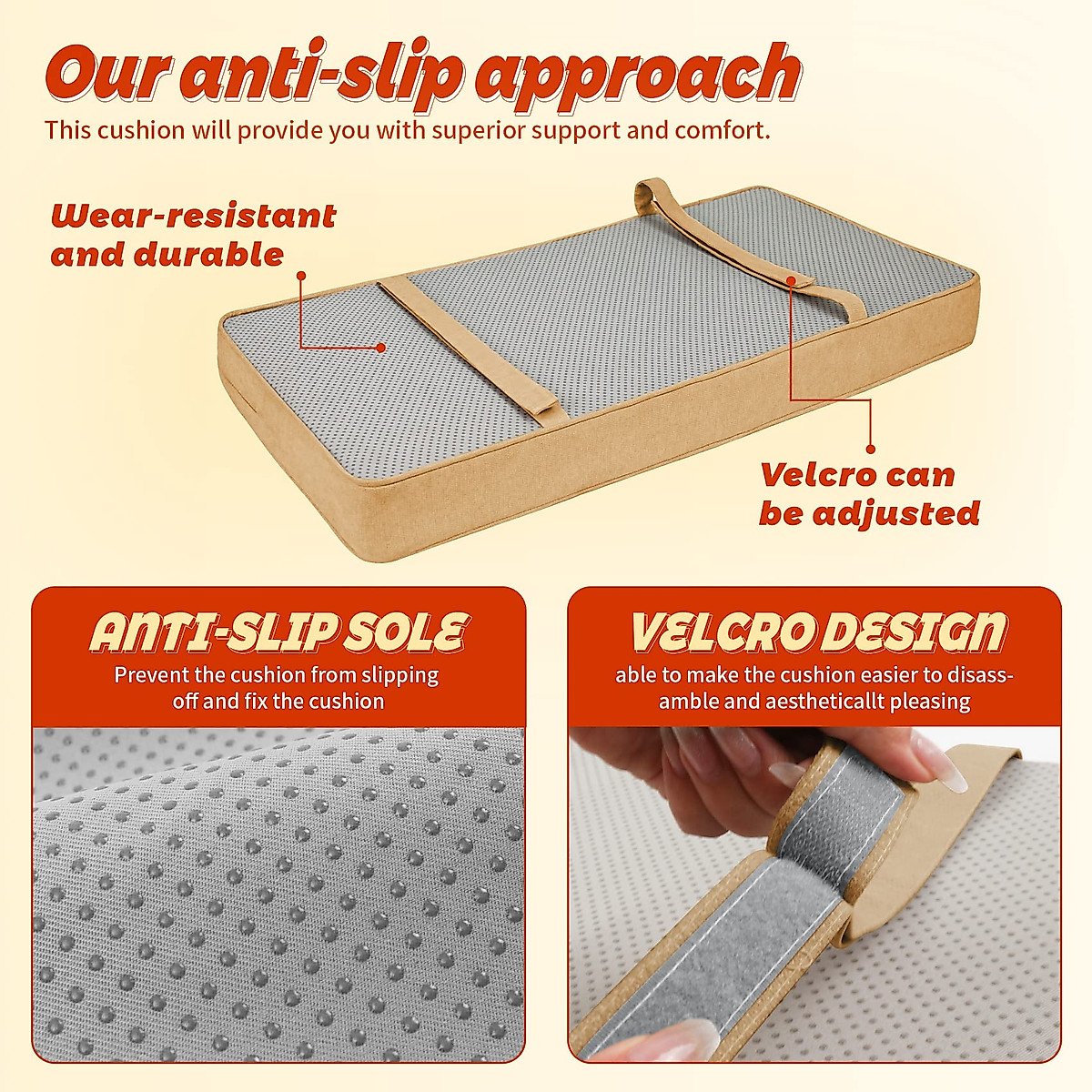 mudilun Bench Cushion for Indoor/Outdoor with Velcro Non-Slip Patio Furniture Cushions Durable Thickened Piano Chair Pads for Window Shoe Kitchen Dining Room Cushions (30x14x3, Khaki)