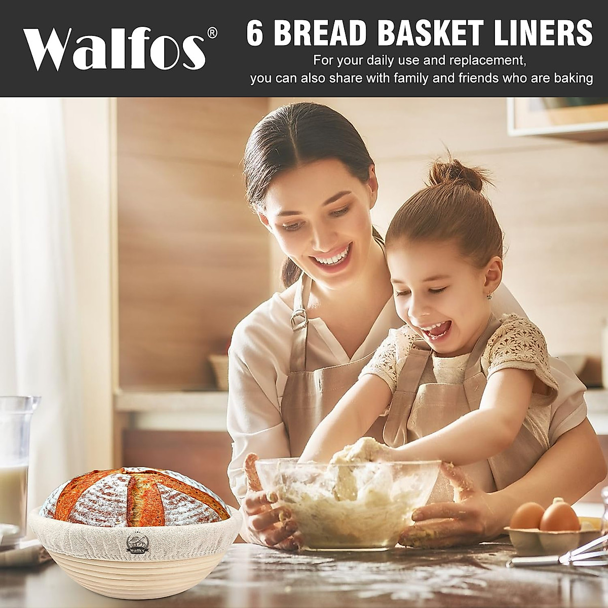 WALFOS 6 Packs Bread Basket Liner Cloth, 9 inch round bread proofing basket cloth liner, Baking Dough Basket Cover Natural Rattan Banneton Proofing Cloth