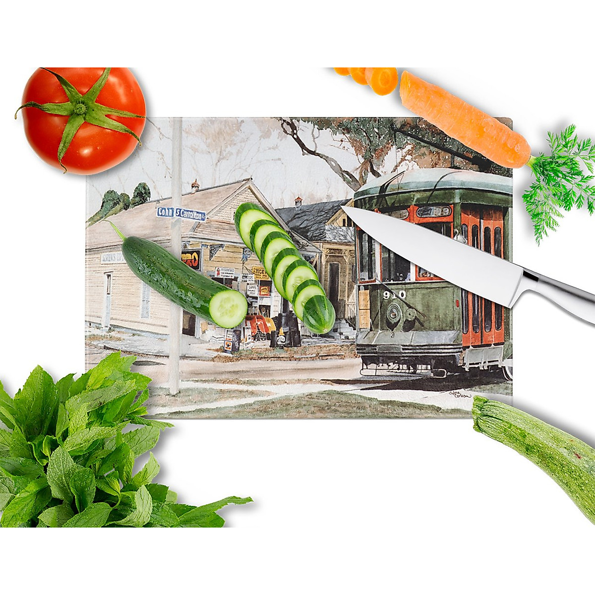 Caroline's Treasures 8108LCB New Orleans Street Car Glass Cutting Board Large Decorative Tempered Glass Kitchen Cutting and Serving Board Large Size Chopping Board