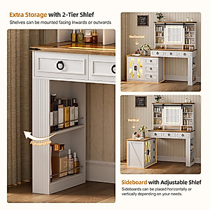 HNEBC Farmhouse Makeup Vanity Desk with Sliding Mirror and Lights,40" W Glass Tabletop Vanity Table with Charger,LED Vanity Set with Jewelry Armoire,6 Drawers,10 Shelves,Adjustable Cabinet