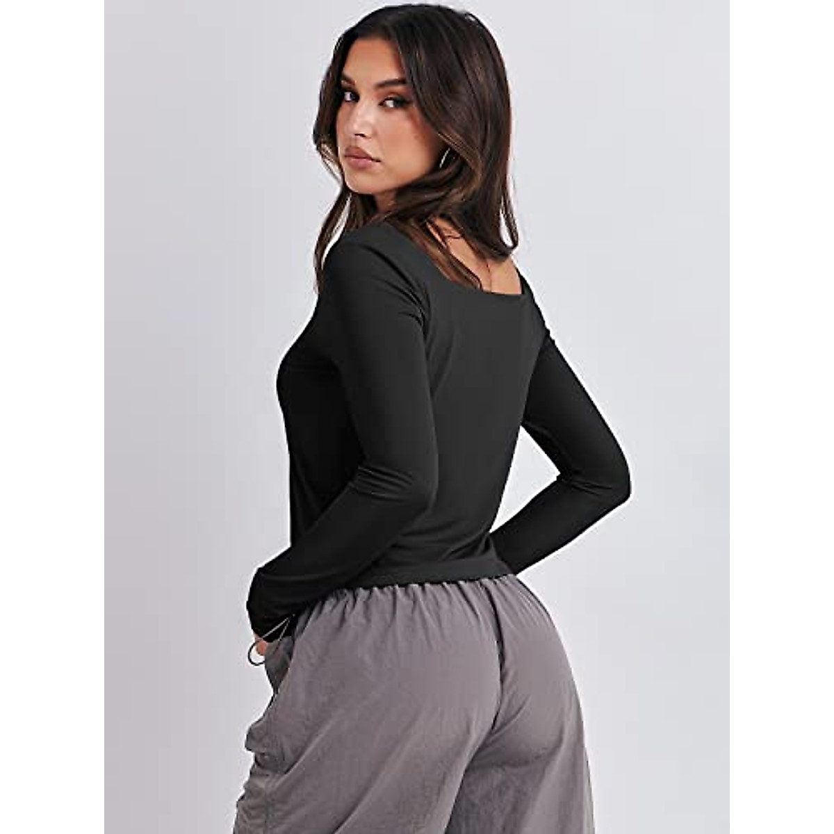 ANRABESS Crop Top for Women Long Sleeve Corset Workout Tees Basic T-Shirt Square Neck Fitted Sexy Going Out Shirt Tops Y2K Clothes 1040heise-M Black