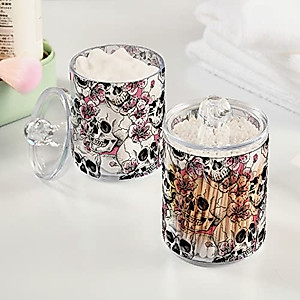 MNSRUU 2 Pack Qtip Holder Organizer Dispenser Pink Floral Skull Bathroom Storage Canister Cotton Ball Holder Bathroom Containers for Cotton Swabs/Pads/Floss