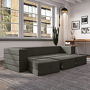 Jaxx Zipline Convertible Sleeper Sofa & Three Ottomans/California King-Size Bed, Textured Microvelvet - Charcoal
