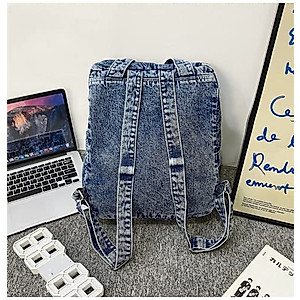 NUFR Cute Backpack Denim Stone Washed Vintage Kawaii Teen Street Wear Outfits (Blue)