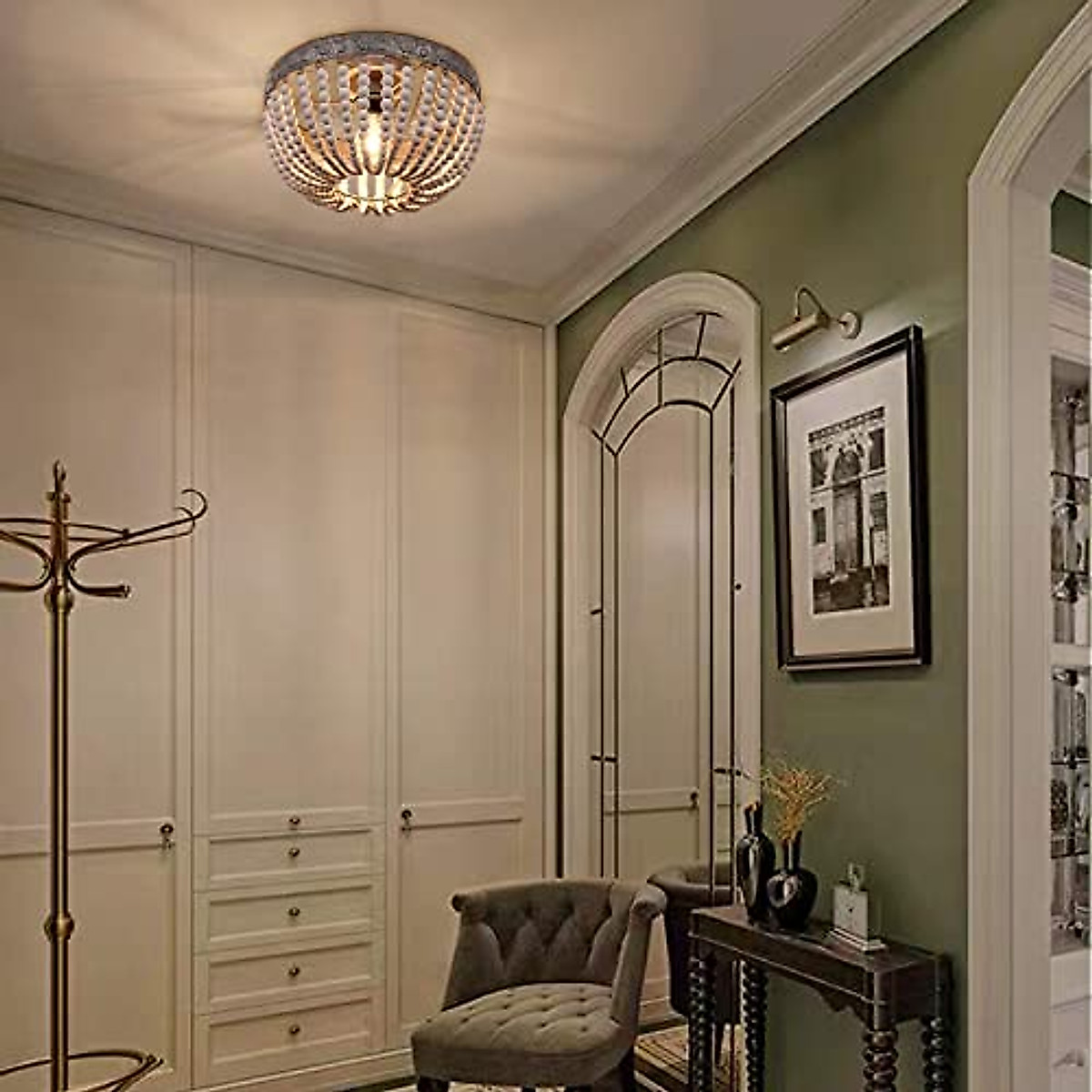 JEUNEU Wood Beaded Chandelier Boho Farmhouse Light Fixture Oak White Rustic 1 Light Semi Flush Mount Ceiling Light Fixtures for Hallway Baby's Nursery Bedroom Kitchen Living Room Island Living Room