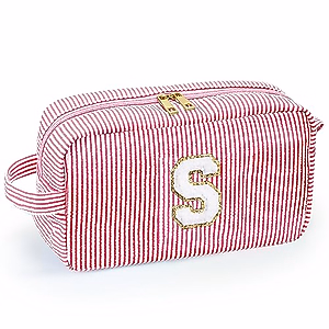 YOOLIFE Large Pink Makeup Pouch - Personalized Cute Initial Makeup Bag Cosmetic Travel Bag Make Up Bags Toiletry Pouch Gift Women Her Birthday Friend Female Friendship Sister Mom Teacher Bridesmaid S