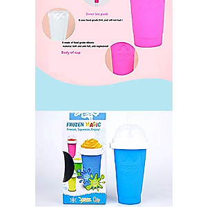 Slushy Maker Ice Cup Travel Portable Double Layer Silica Cup Children's Adult Slushy Ice Cup Pinch Cup Hot Summer Cooler Smoothie Silicon Cup Pinch into Ice (Blue)