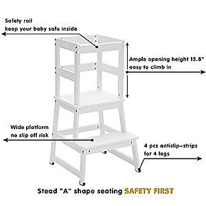 Kitchen Step Stool for Kids and Toddlers with Safety Rail Children Standing Tower for Kitchen Counter, Parents' Helper Kids Learning Stool, White