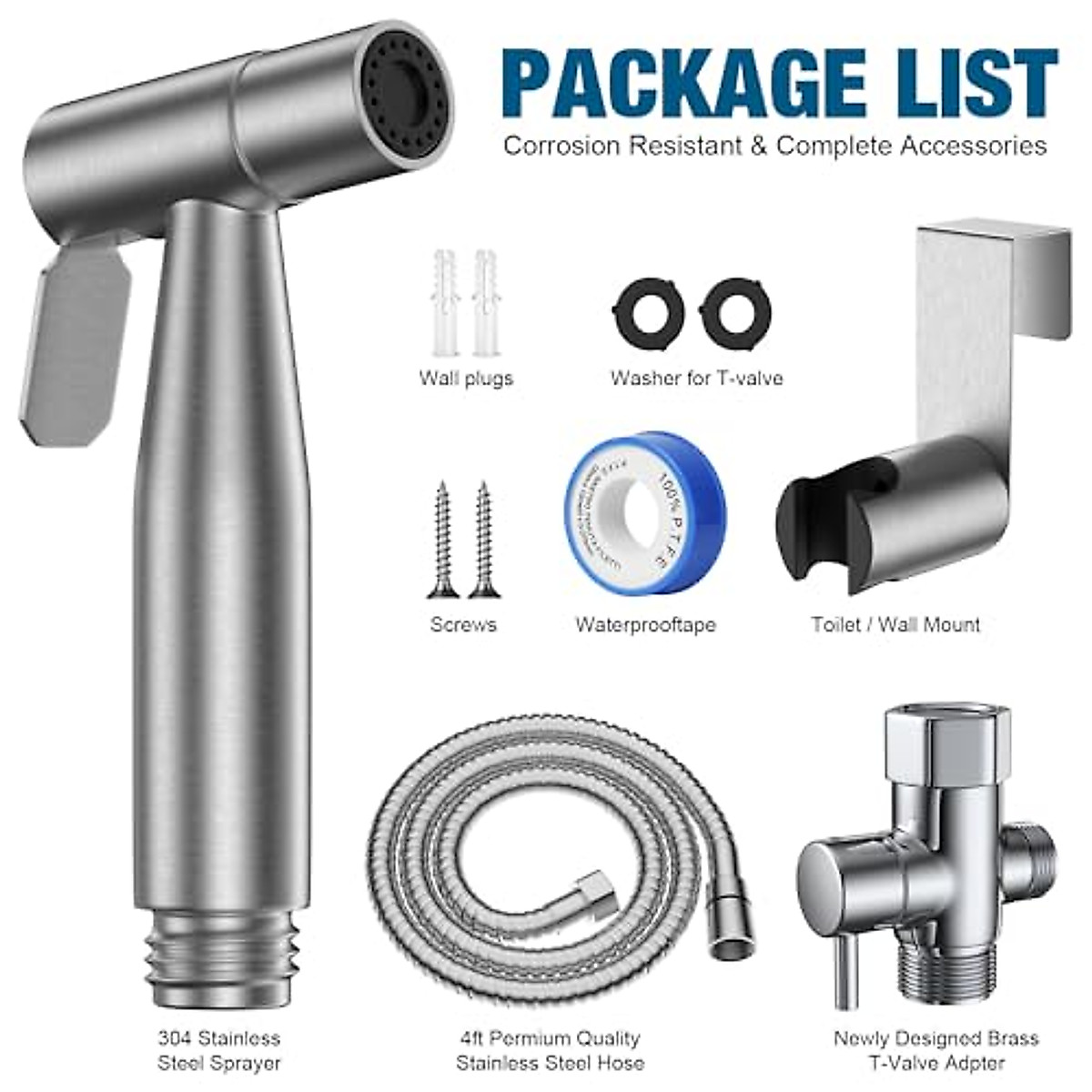 Bidet Sprayer for Toilet Handheld with Hose, Stainless Steel Sprayer Attachment for Feminine Wash, Baby Diaper Cloth Washer and Shower Sprayer for Pet, Wall or Toilet Mount