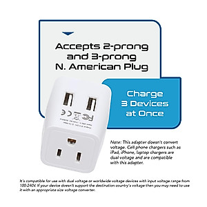 Ceptics Japan, Philippines Travel Adapter Plug with Dual USB - Usa Input - Type A - Ultra Compact (CTU-6) - Perfect for Cell Phones, Laptops, Camera Chargers