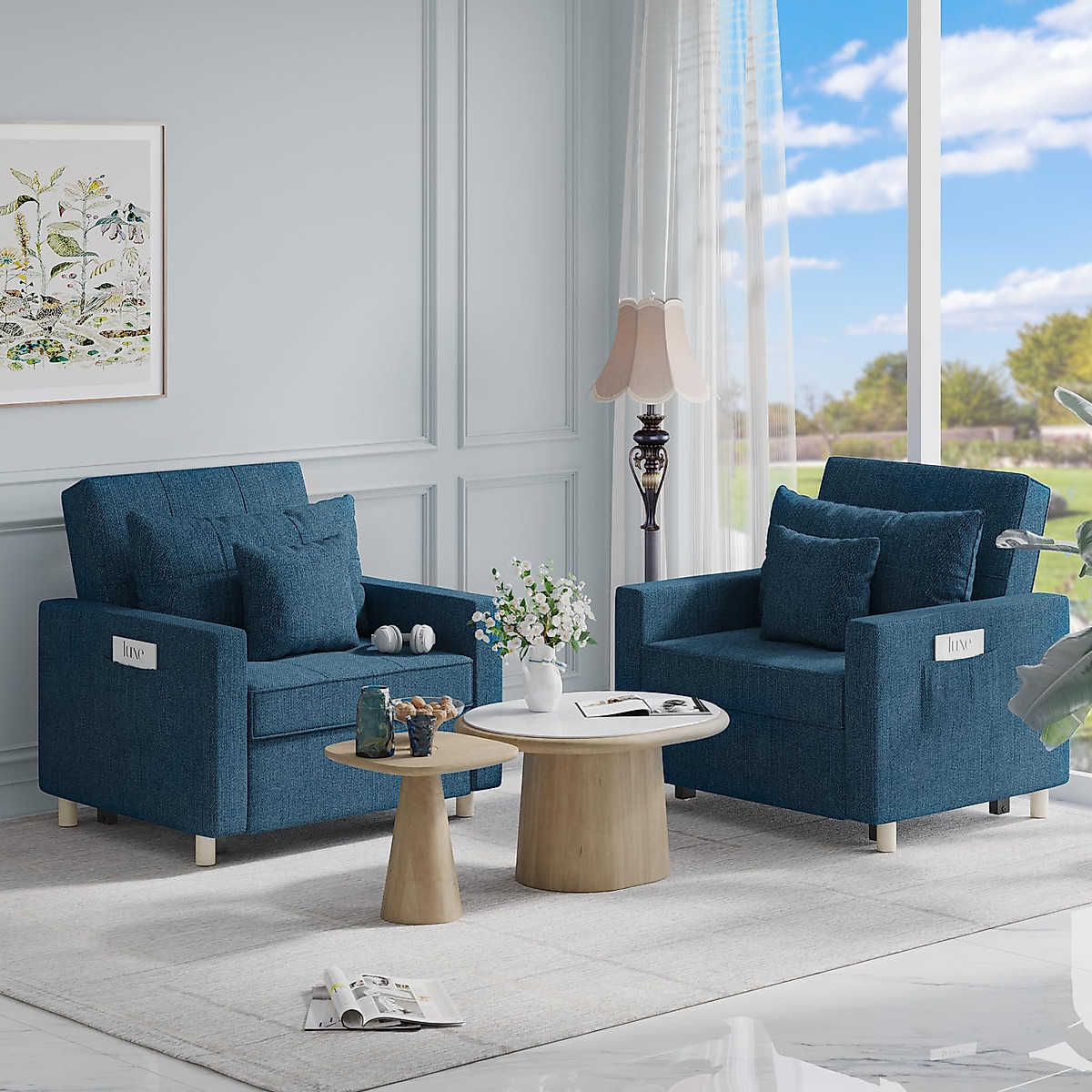 Esright 40 Inch Sleeper Bed 3-in-1 Convertible Futon Chair Multi-Functional Sofa Adjustable Reading Sofa with Modern Linen Fabric, Royal Blue