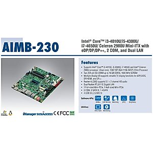 (DMC Taiwan) 4th Gen Intel® Core™ i5-5350U/ Celeron 3755U Mini-ITX with LVDS(eDP)/DP(HDMI)/DP, 2 COM, 4 USB 3.0, 2 USB 2.0, miniPCIE, and Dual GbE LAN