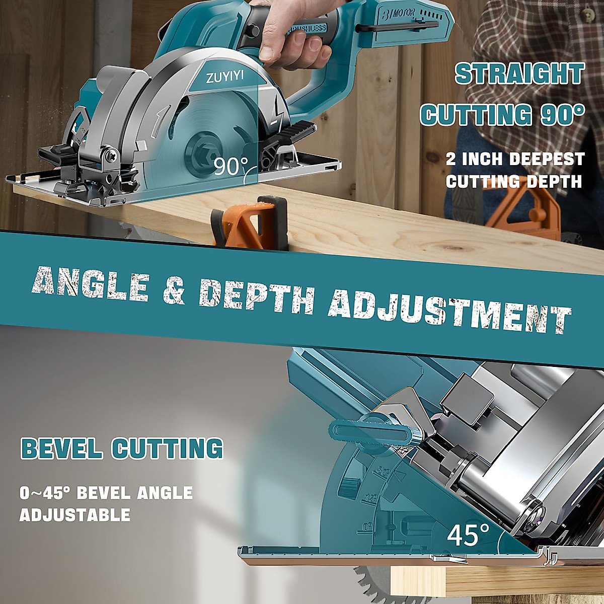 ZUYIYI 5-1/2" Cordless Circular Saw for Makita 18V Battery, Brushless 6600RPM Max Cutting Depth 2" (90°), Compact Tile Saw for Wood, Tile, Soft Metal, Plastic Cutting (NO Battery)