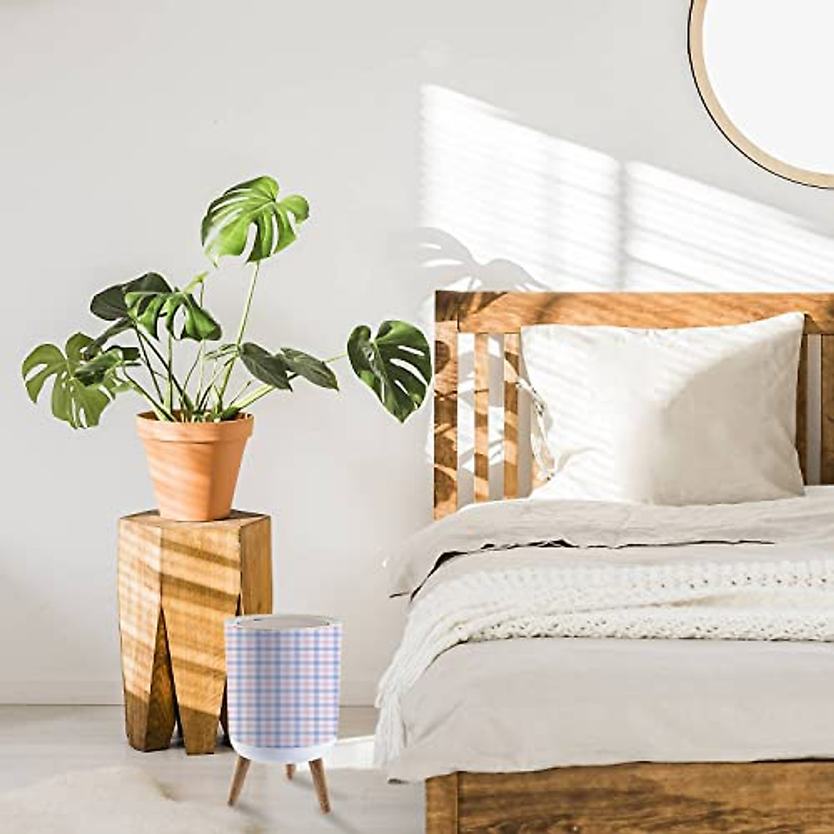 Trash Can with Lid Pink and Blue Pastel Gingham Seamless Check Suitable for Mens Shirt Wood Small Garbage Bin Waste Bin for Kitchen Bathroom Bedroom Press Cover Wastebasket 7L/1.8 Gallon